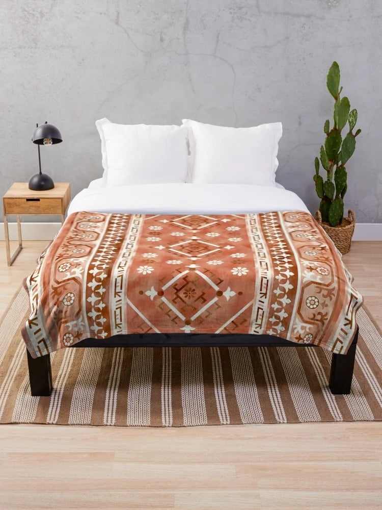 Boho Sherpa Throw Blanket, Terracotta Moroccan Pattern Polyester Fleece ...