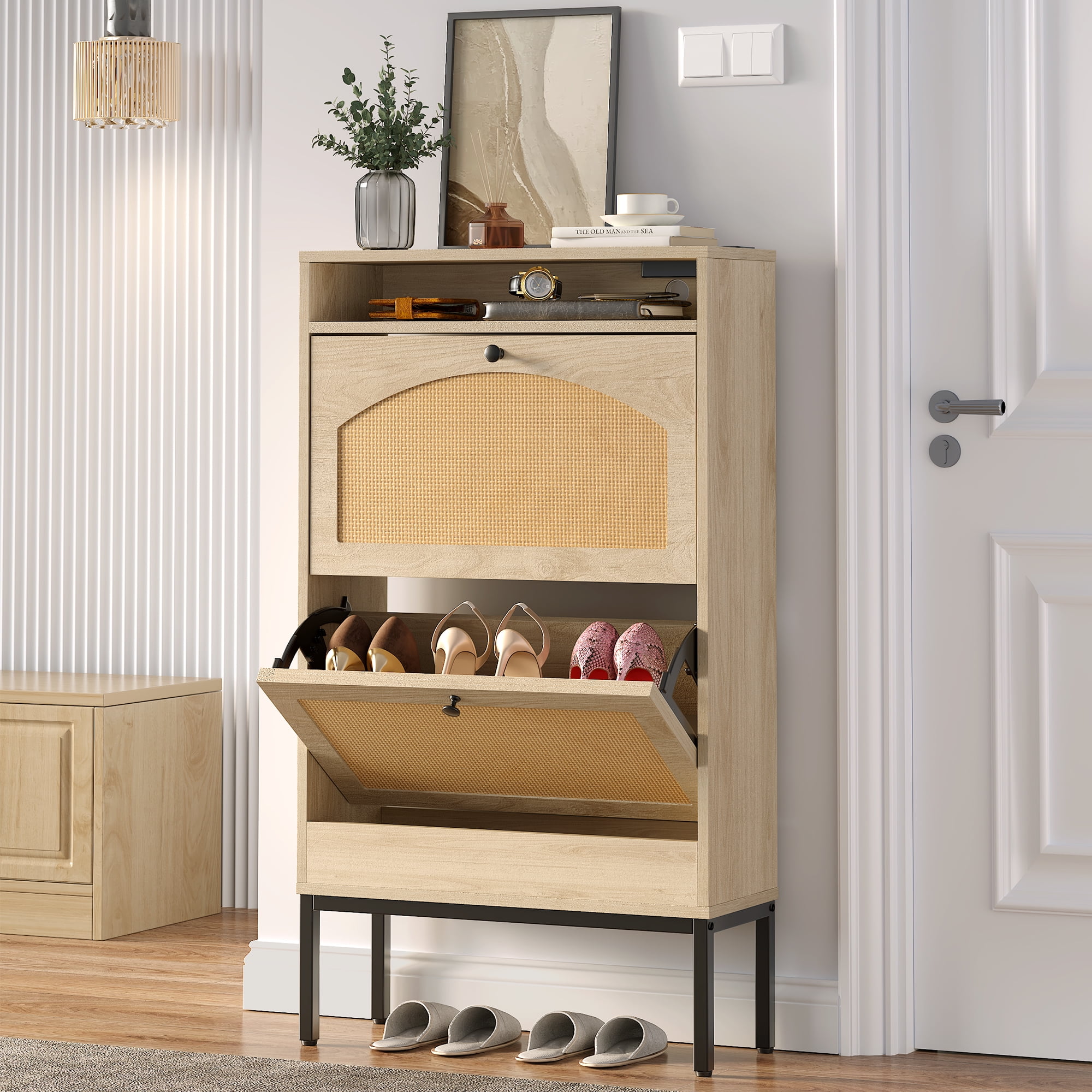 Boho Shoe Cabinet, Shoe Storage Cabinet with 2 Flip Drawers Natural ...