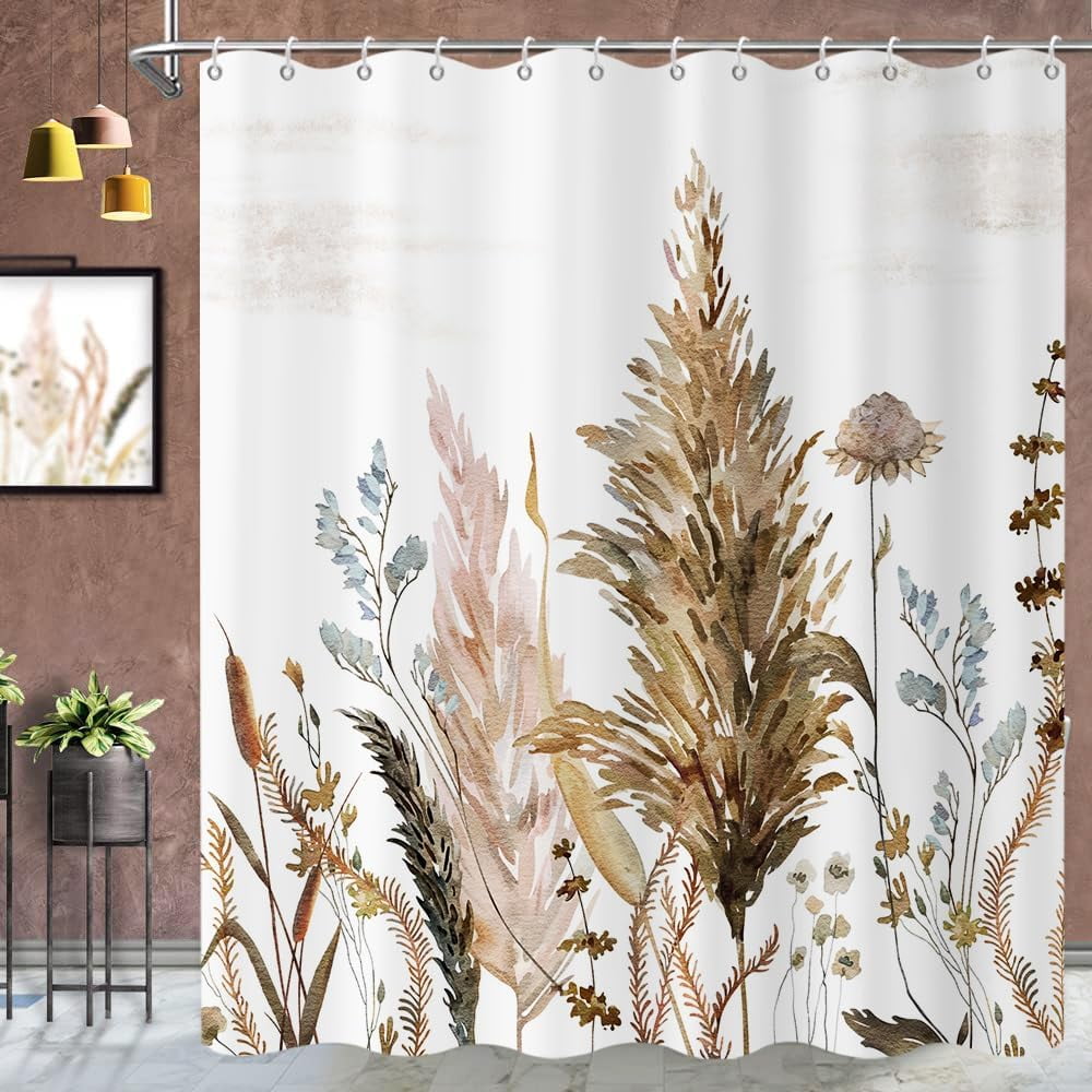 Boho Shower Curtain, Beige Blush Brown Watercolor Floral Plants ...