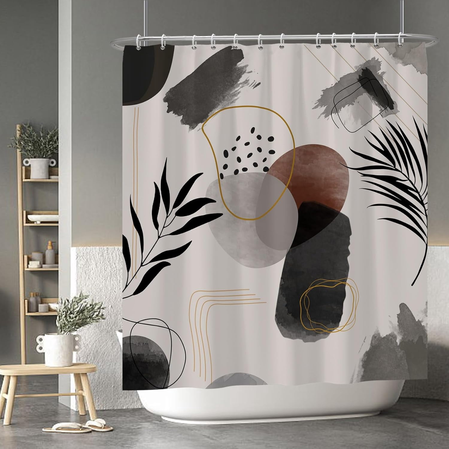 Boho Shower Curtain Black Grey Plants Leaves Mid Century Modern ...