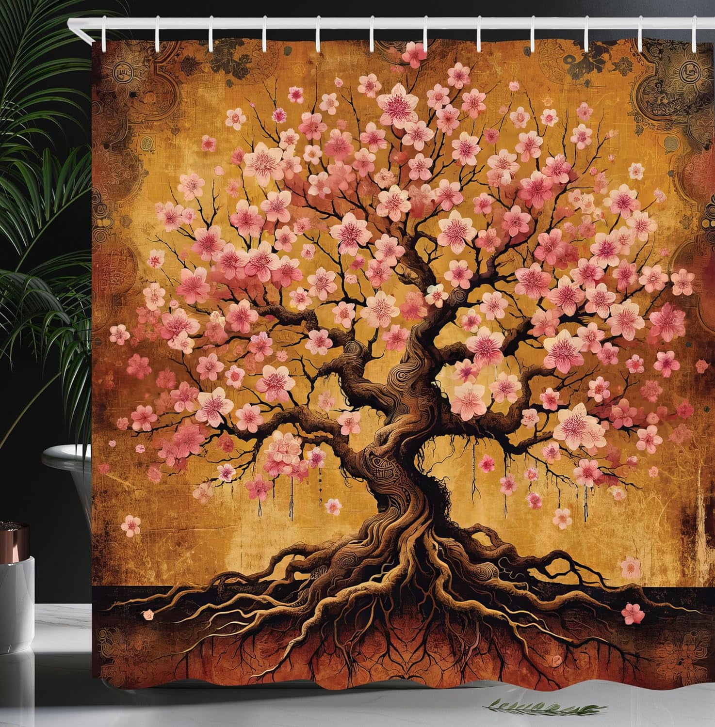 Boho Shower Curtain, Blushy Cherry Blossom Fantasy Tree on Melancholic ...