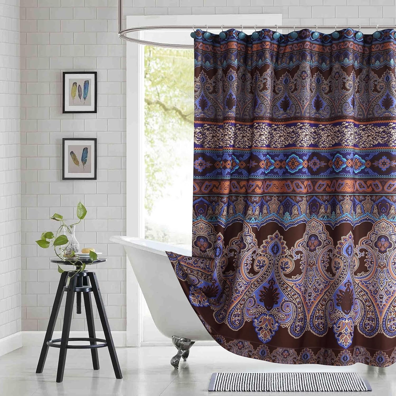 Boho Shower Curtain, Brown and Blue Bohemian Paisley Pattern Fabric ...