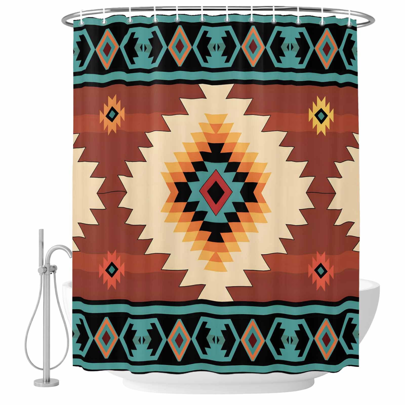 Boho Shower Curtain, Brown Turquoise Abstract Tribal Ethnic Geometric ...