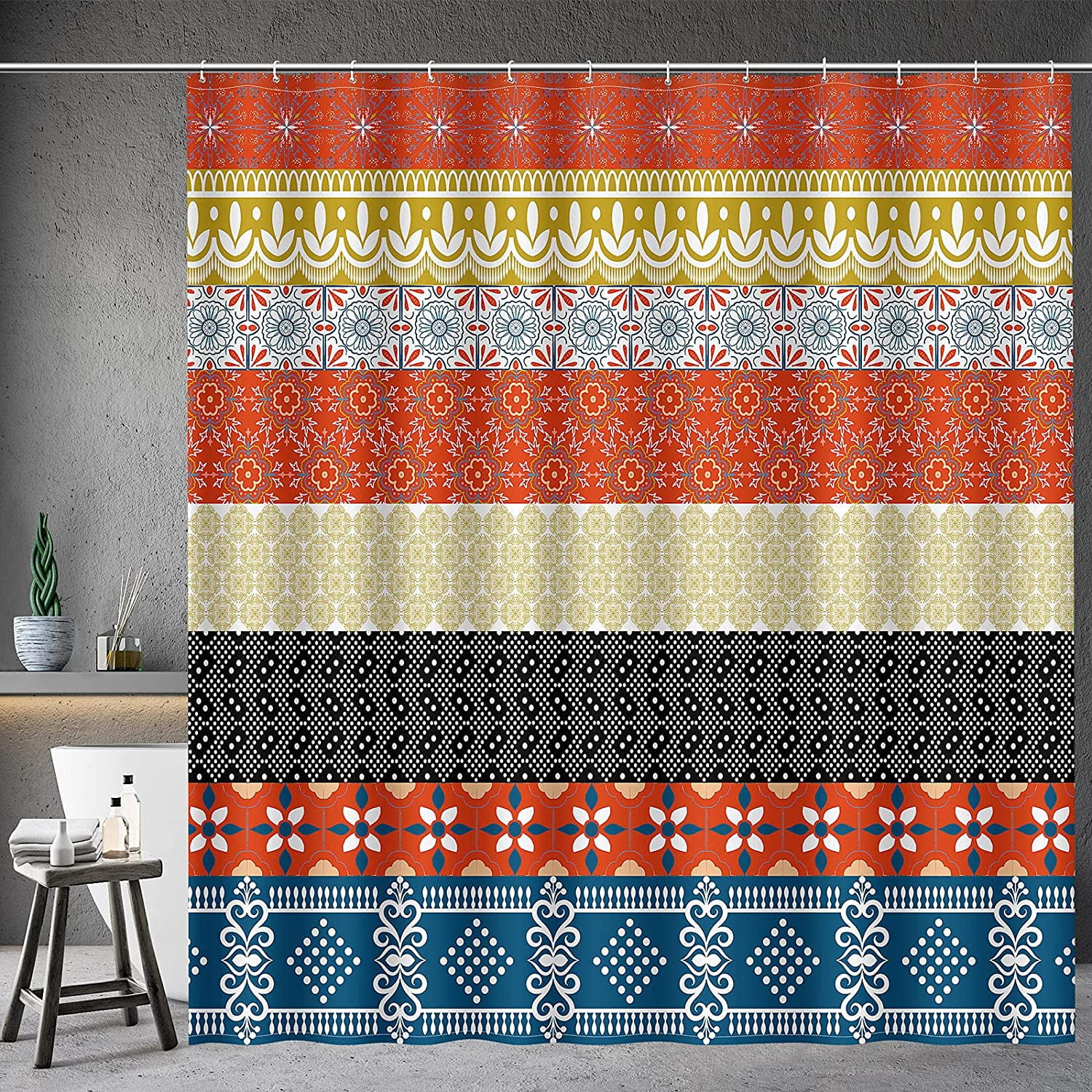 Boho Shower Curtain Colorful Striped Geometric Pattern Bohemian Shower