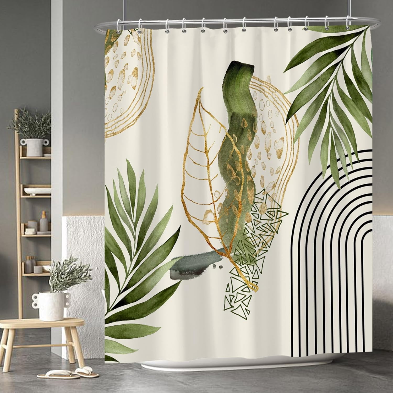 Boho Shower Curtain Green Gold Leaves Modern Abstract Geometric ...