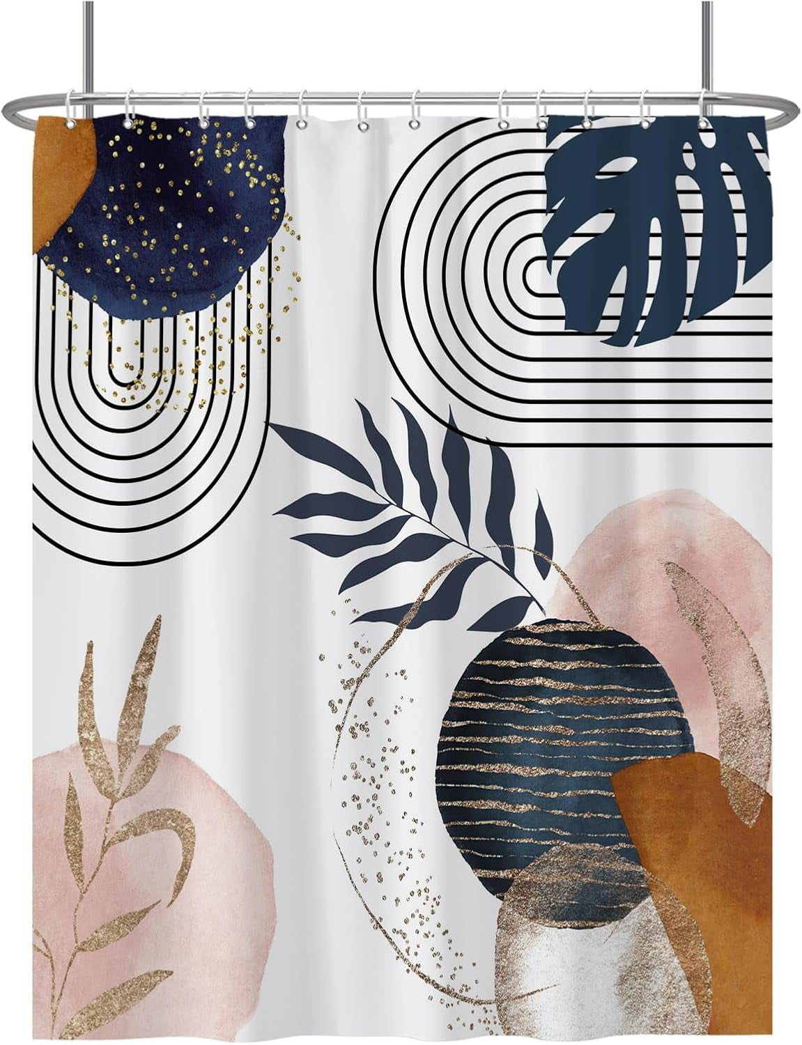 Boho Shower Curtain Mid Century Navy Blue Gold Plant Leaves Modern ...