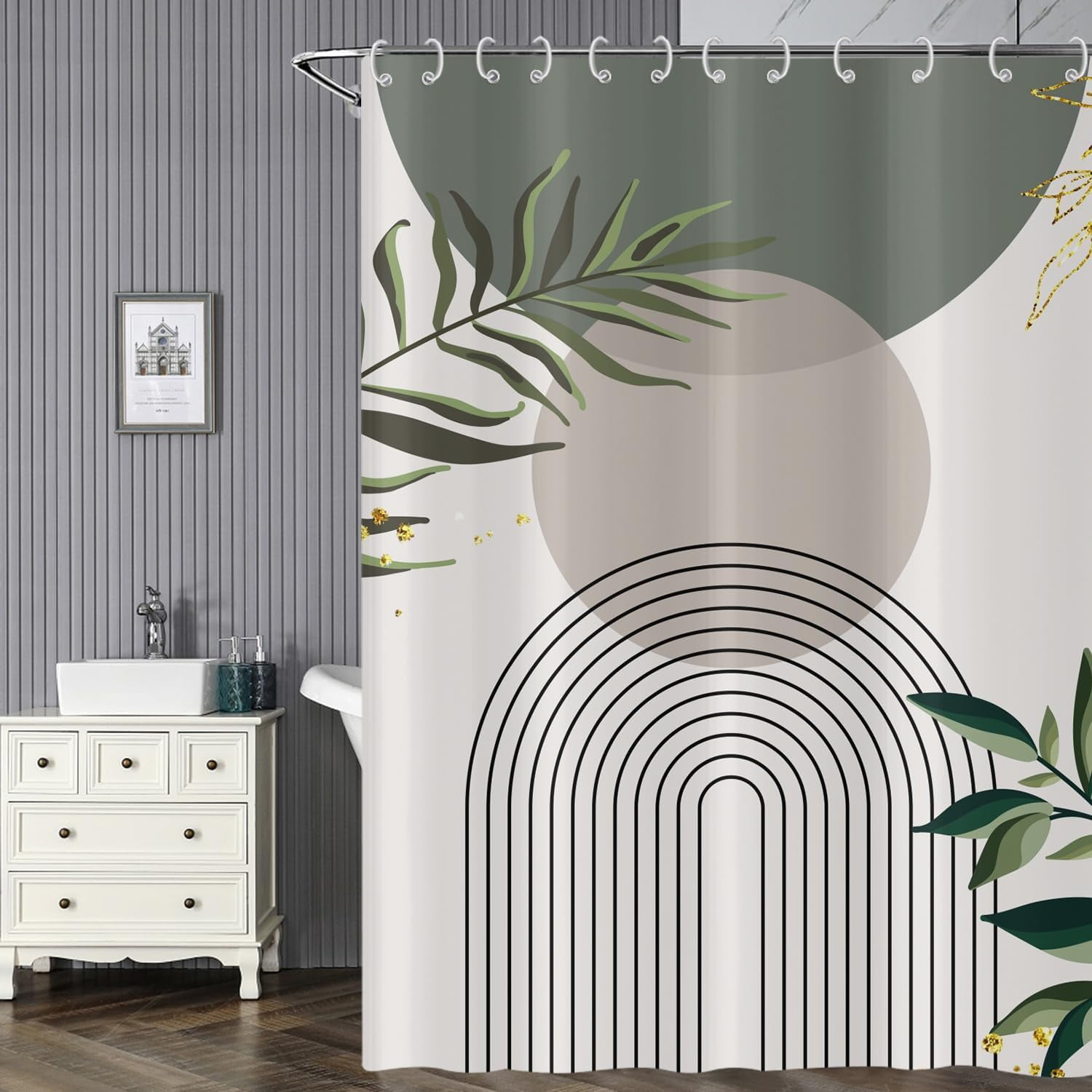 Boho Shower Curtain for Bathroom Green Leaves Abstract Arch Brown Geometric Bath Curtains ...