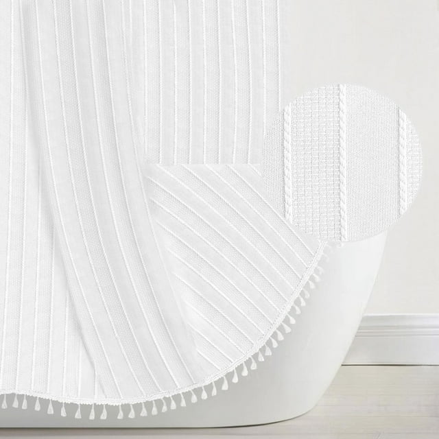 "Boho Bathroom Shower Curtain, White Striped Fabric with Tassels, Chic ...