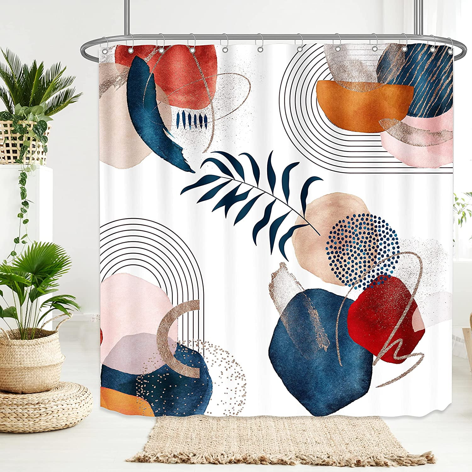 Boho Shower Curtains for Bathroom Abstract Mid Century Navy Gold Terra Leaves Plant Bath ...