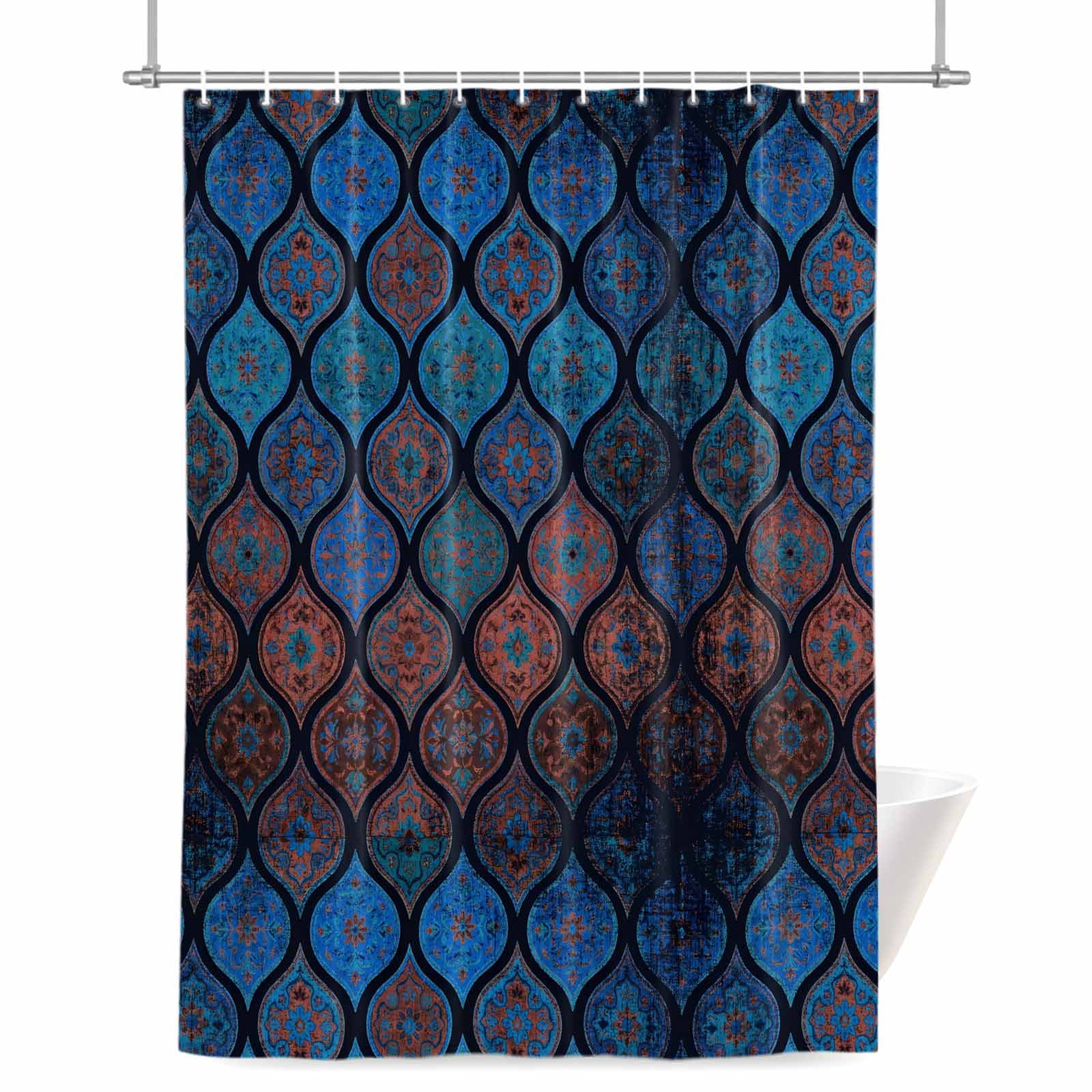 Boho Shower Curtains for Bathroom, Moroccan Trellis Blue Red Black ...
