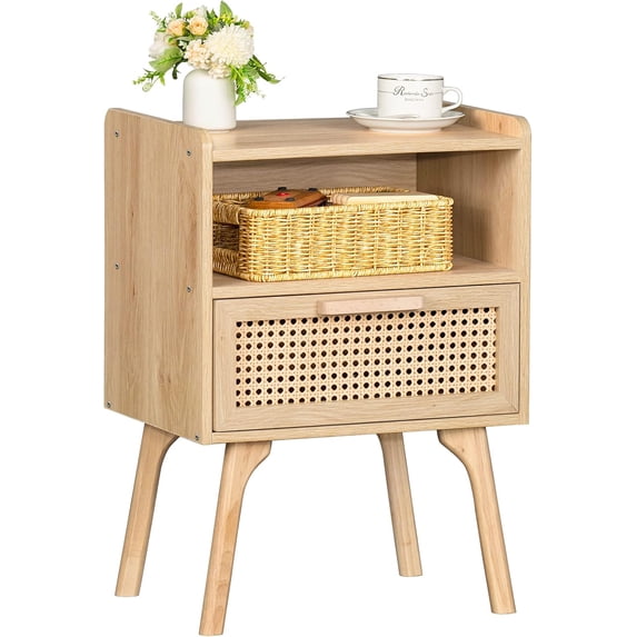 Boho Side Table with Cane-Accent Drawer and Open Shelf, Natural Wood ...