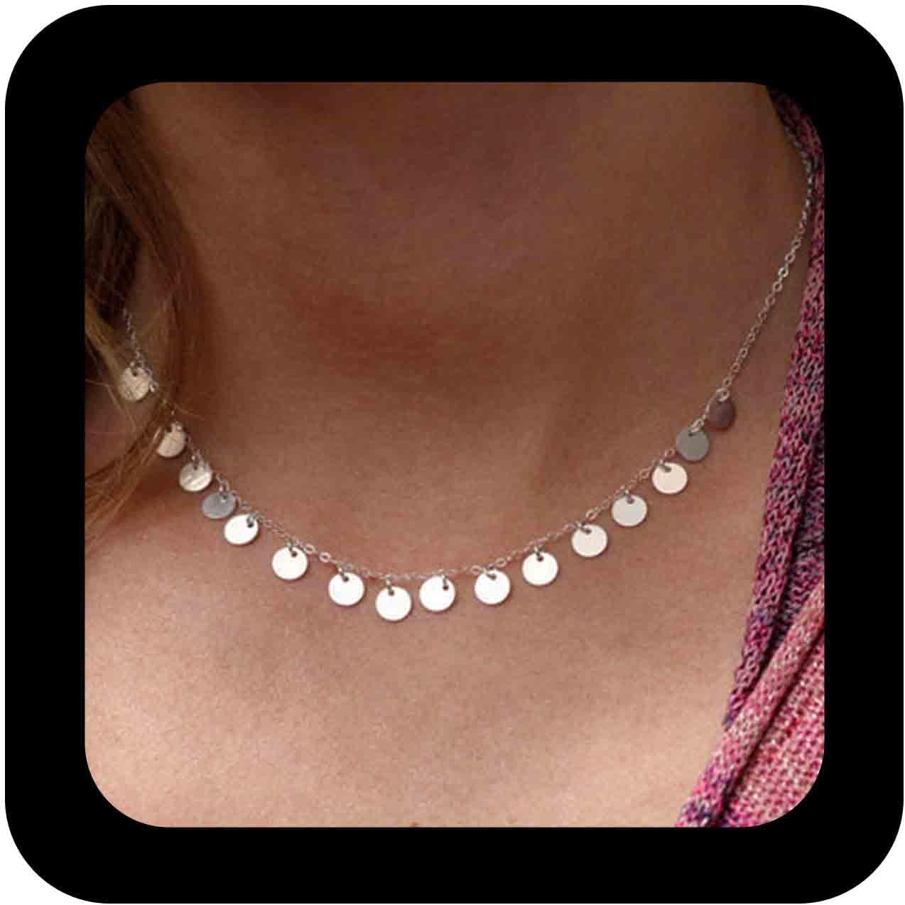 Boho Silver Disc Chain Necklace Plated Round Disc Dangle Necklace Tiny ...