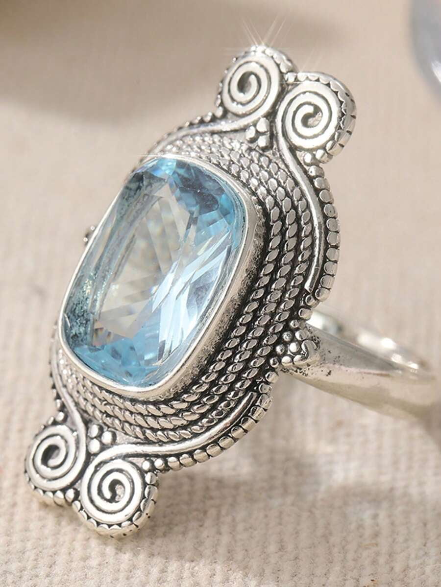 Boho Silvertone Ring With Synthetic Oval Blue Zirconia Stone - Color 8 ...