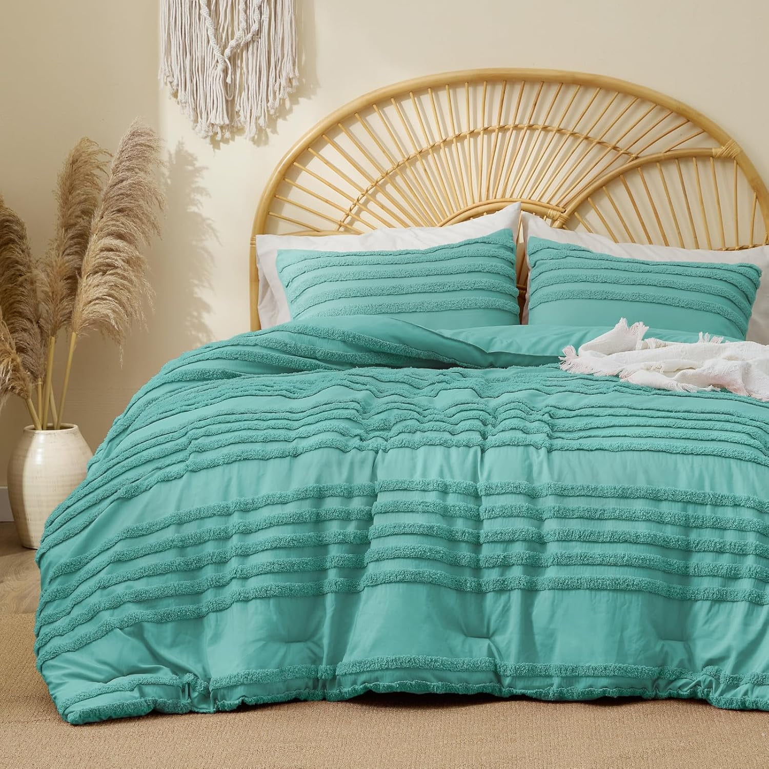Boho Size Comforter Set - Aqua Tufted Striped Bed Set 3 count, Soft ...