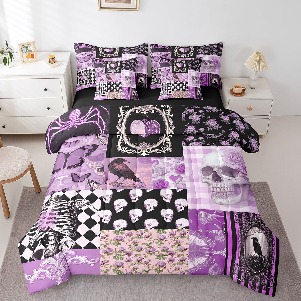 Boho Skeleton 7Pcs Comforter Set Twin,Black Crow Rose Flower Bedding ...
