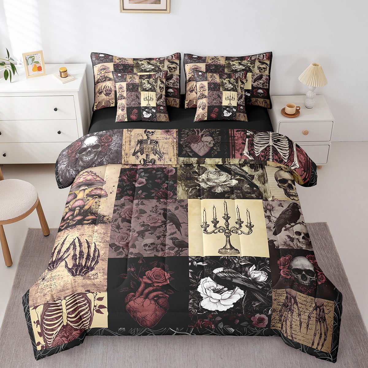 Boho Skeleton Bedding Set King,Gothic Crow Mushroom 7Pcs Comforter Set ...