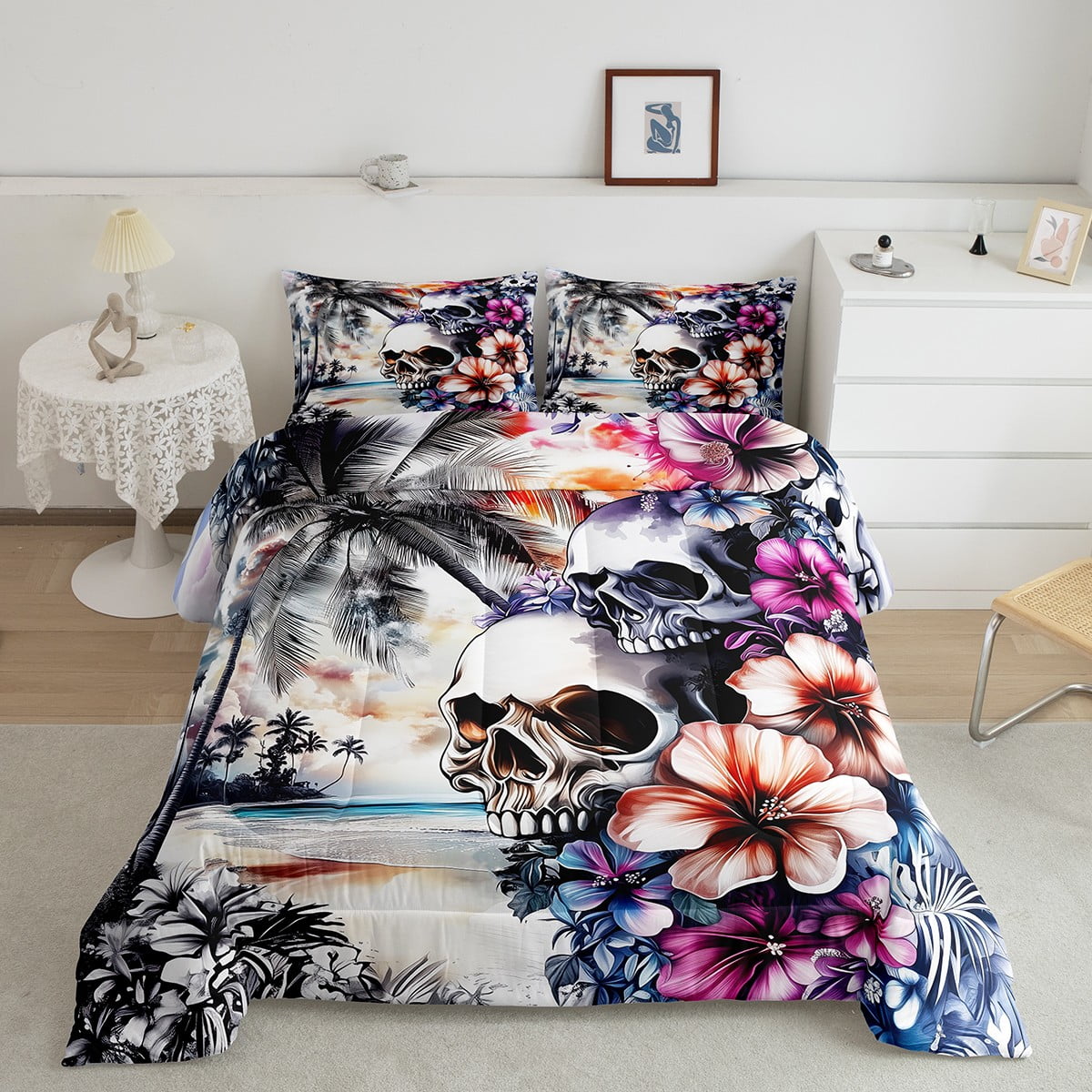 Boho Skeleton Comforter Set,Tropical Coconut Tree Flower Bedding Set ...