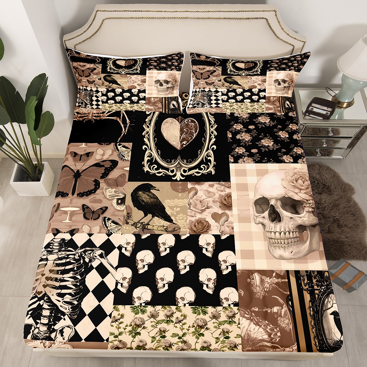 Boho Skeleton Fitted Sheet Twin Size,Gothic Crow Moth Pattern Bedding ...