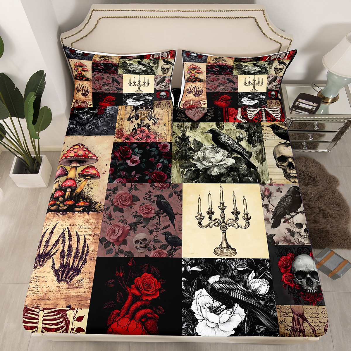 Boho Skeleton Fitted Sheet Twin Size,Rose Flower Crow Bedding Set Woman Teens Decor,Gothic ...
