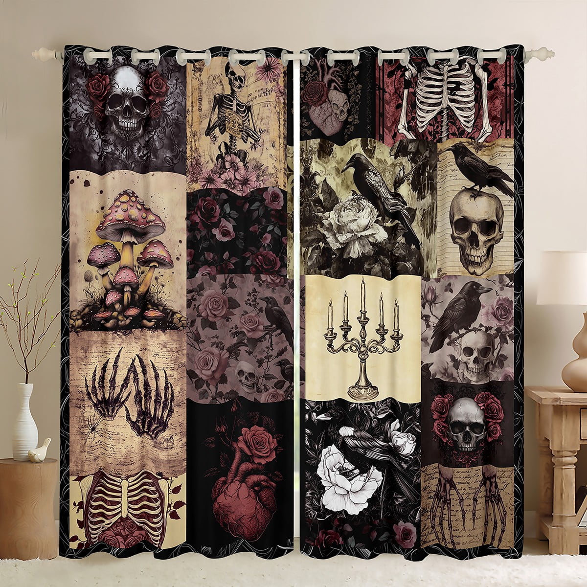 Boho Skeleton Window Curtain,Gothic Crow Mushroom Curtains,Dark Red ...
