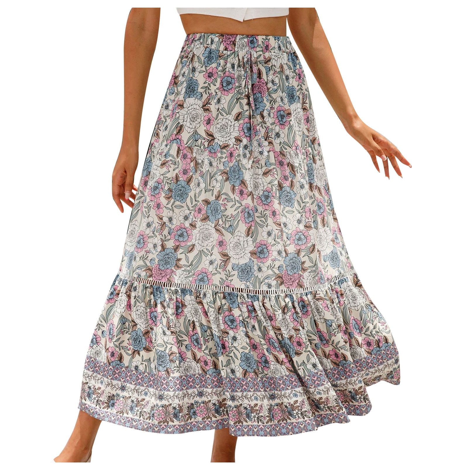 Boho Skirts for Women Long, AKOEE Women's Bohemian Floral Print Beach ...