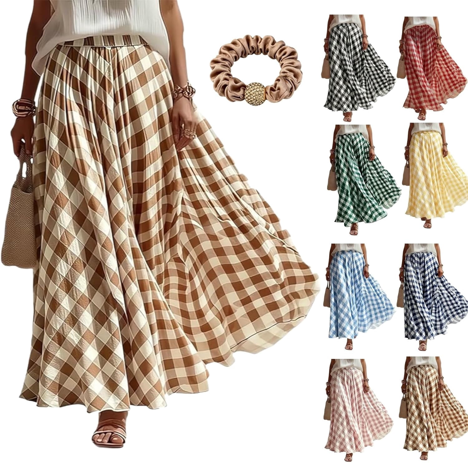 Boho Skirts for Women,Midi Length Loose Fit Plaid Long Flowy Elastic ...