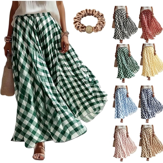 Boho Skirts for Women,Midi Length Loose Fit Plaid Long Flowy Elastic ...