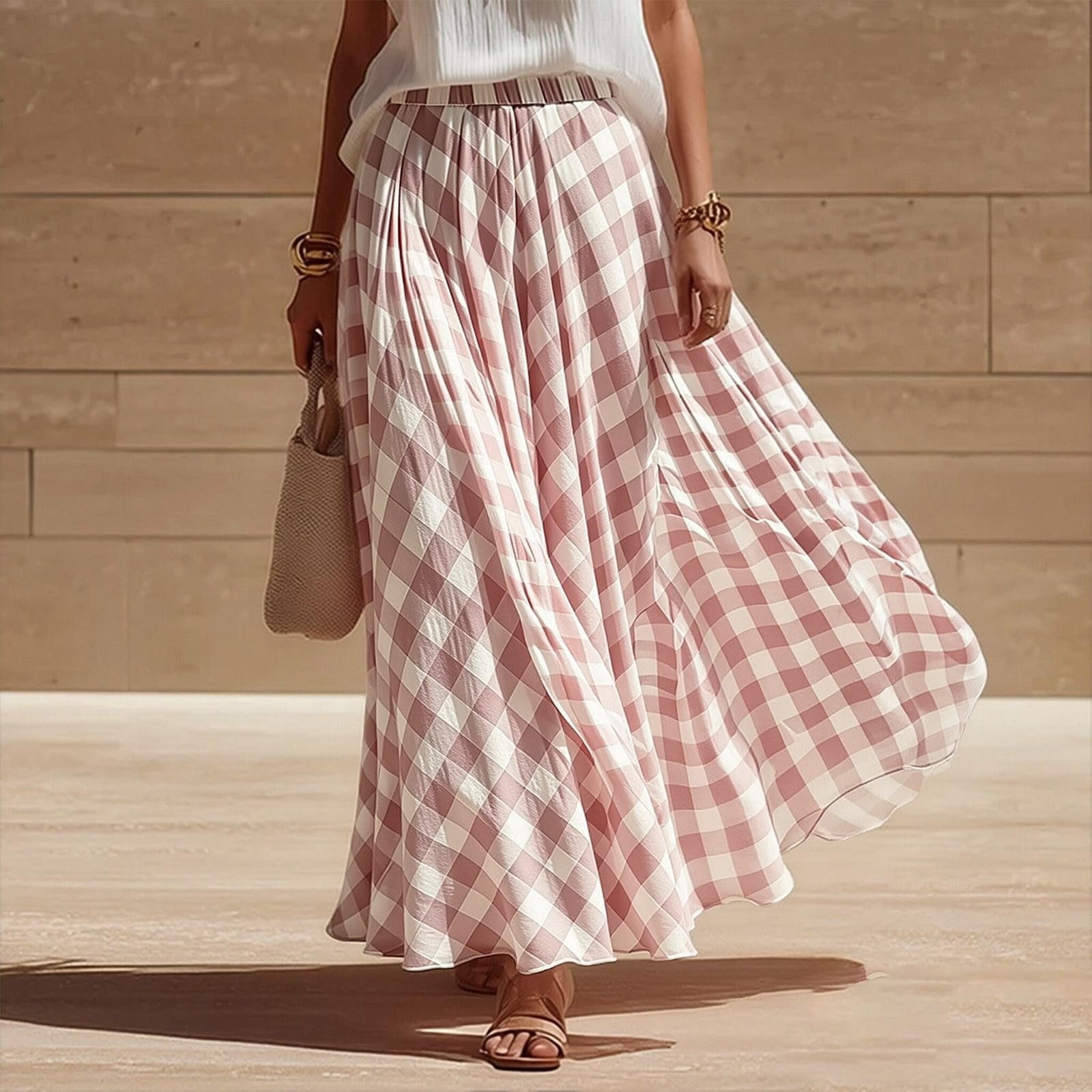 Boho Skirts for Women Plaid High Waist A-Line Loose Fit Maxi Skirt ...