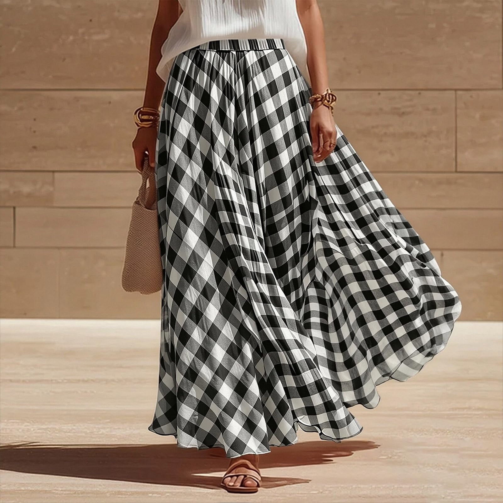 Boho Skirts for Women Plaid High Waist A-Line Loose Fit Maxi Skirt ...