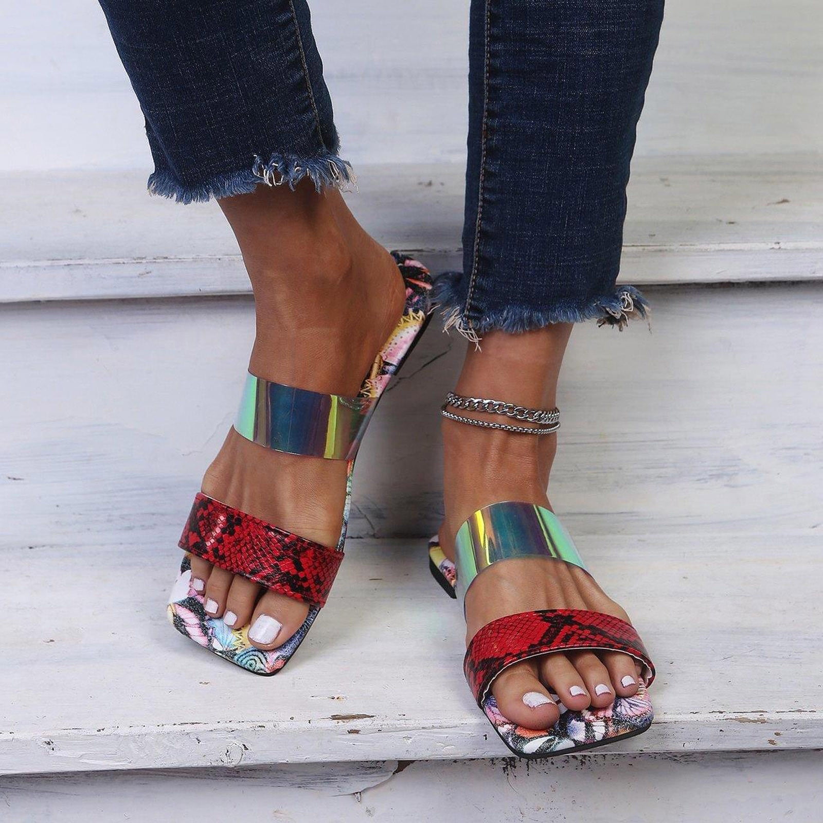 Boho Slide Sandals for Women Girls Dressy Low Wedge Sandal Casual Open ...