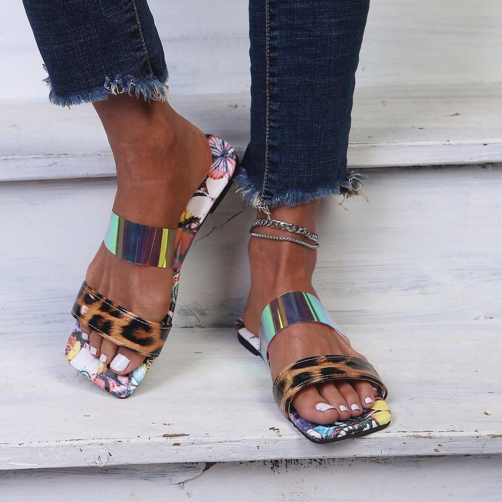 Boho Slide Sandals for Women Girls Dressy Low Wedge Sandal Casual Open ...