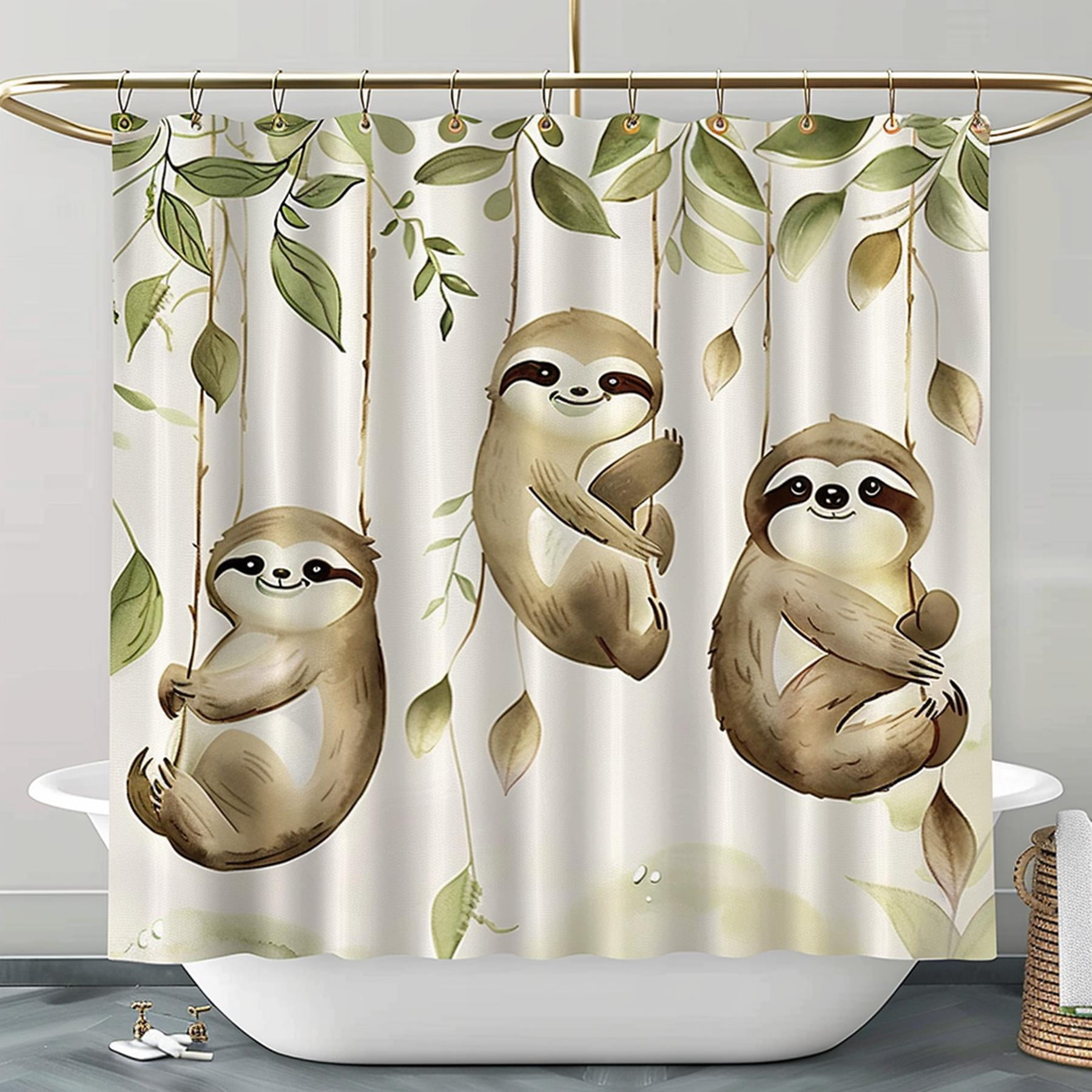 Boho Sloth Cartoon Bathroom Shower Curtain Hanging Sloths On Vines