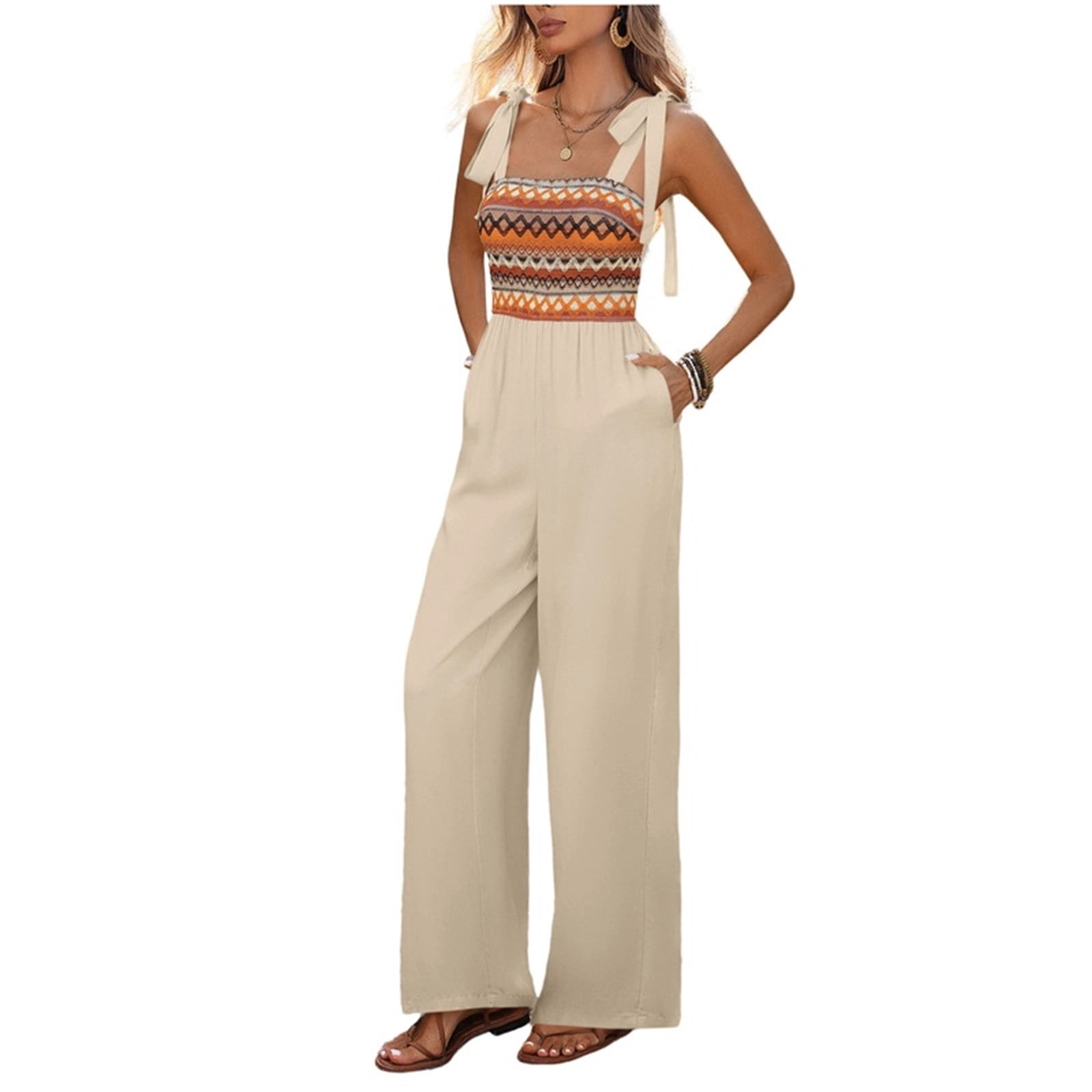 Boho Smocked Geometric Print Wide Leg Jumpsuit Women's Tie Strap ...