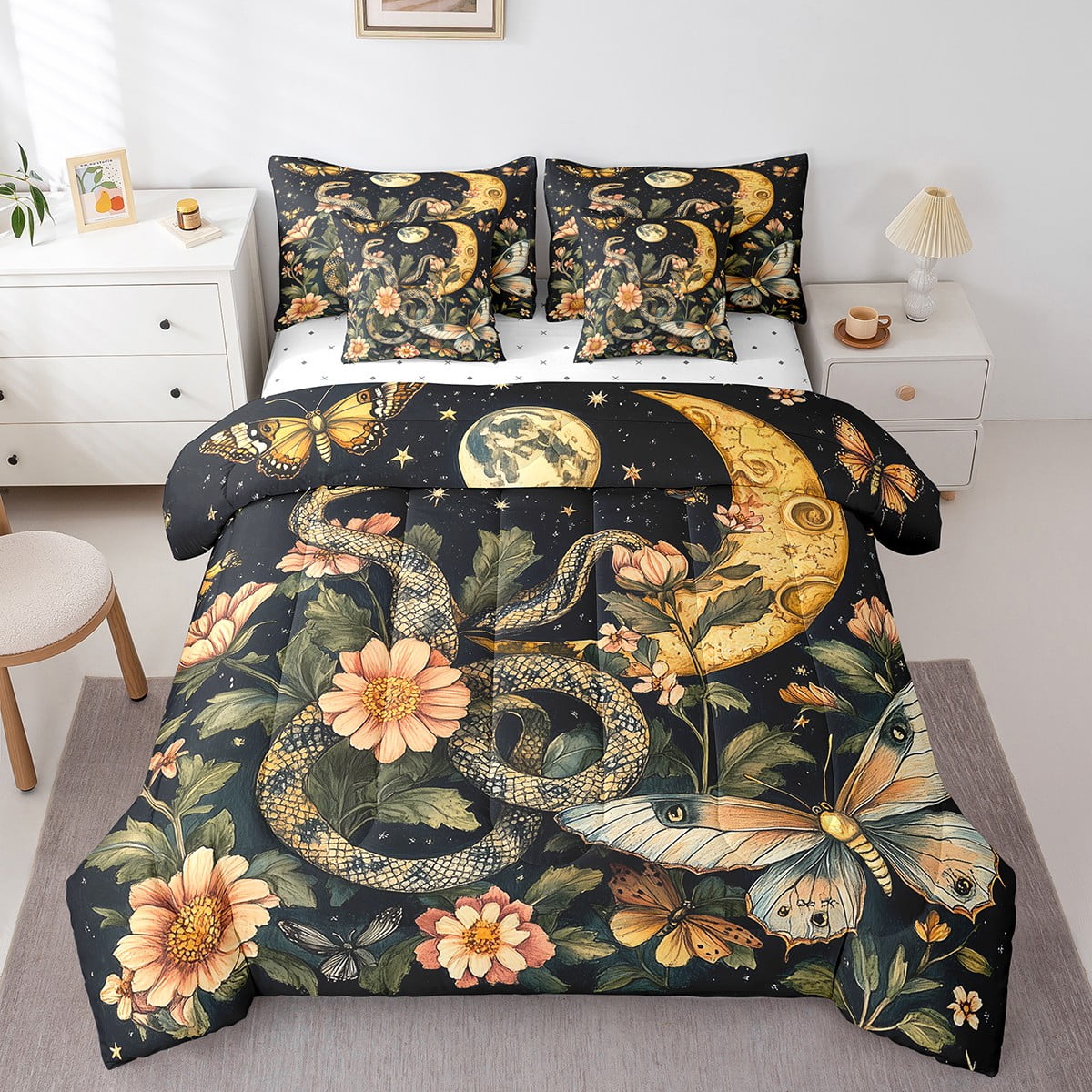 Boho Snake Bed In A Bag Gold Sun Moon Bedding Set For Adults Teens ...