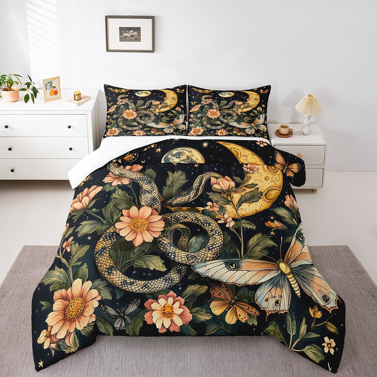 Boho Snake Bedding Set Gold Sun Moon Comforter Set For Adults Teens ...