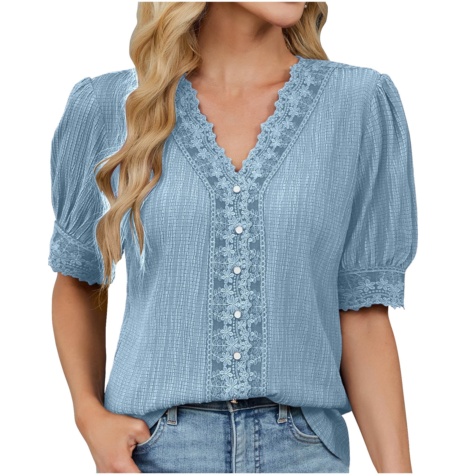 Boho Solid Short Sleeve Tops for Women V-neck Lace Trim Floral T-shirt ...