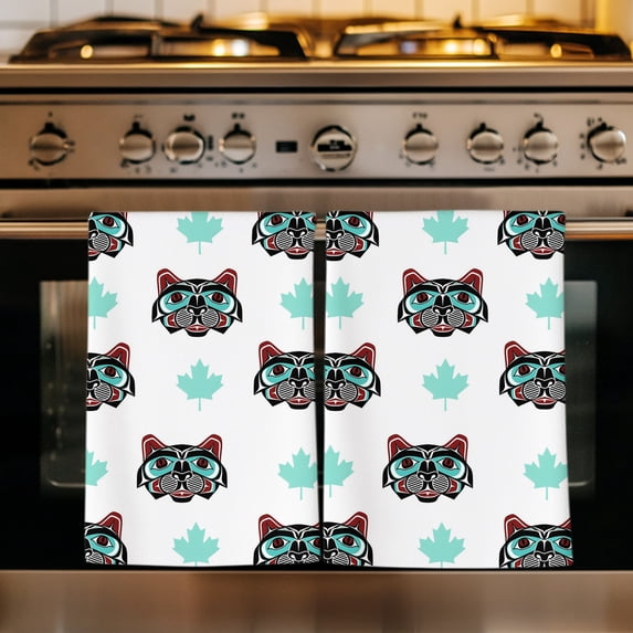 Boho Southwest Kitchen Towels Set of 4, Native Bear Mask Maple Leaves ...