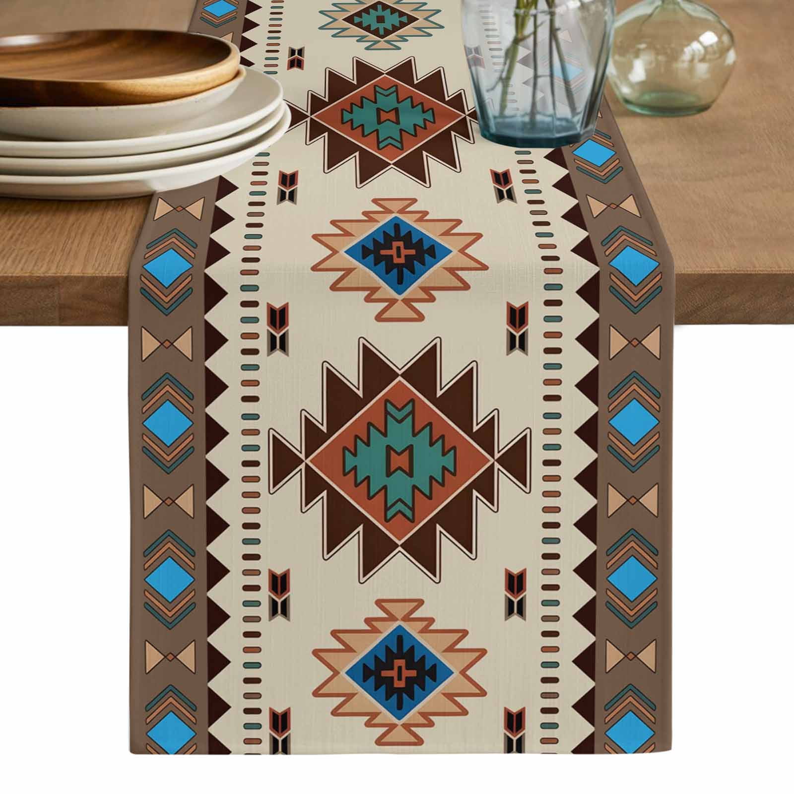 Boho Southwest Table Runner, Farmhouse Aztec Tribe Brown Blue Plaid ...