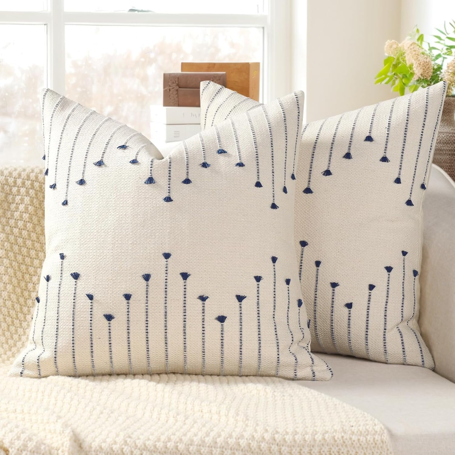 Boho Spring Throw Pillow Covers 20x20 Set of 2 Neutral Woven Decorative ...