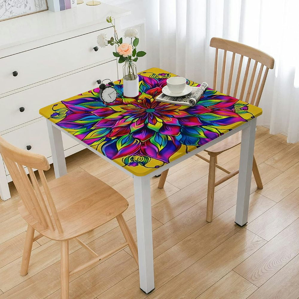Boho Square Fitted Polyester Table Cover, Gold Yellow Art Flower ...