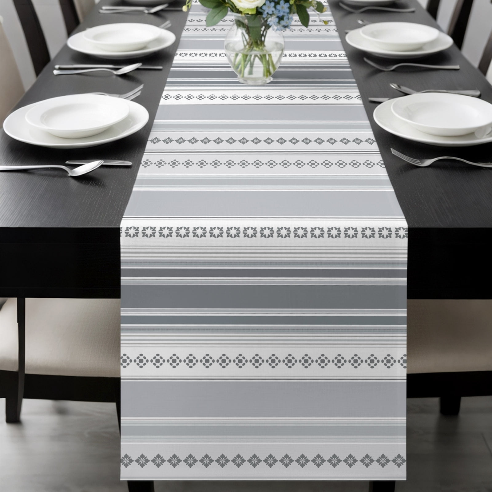 Boho Sriped White Gray Lines Modern Stripes Table Runner 70 Inches Long ...