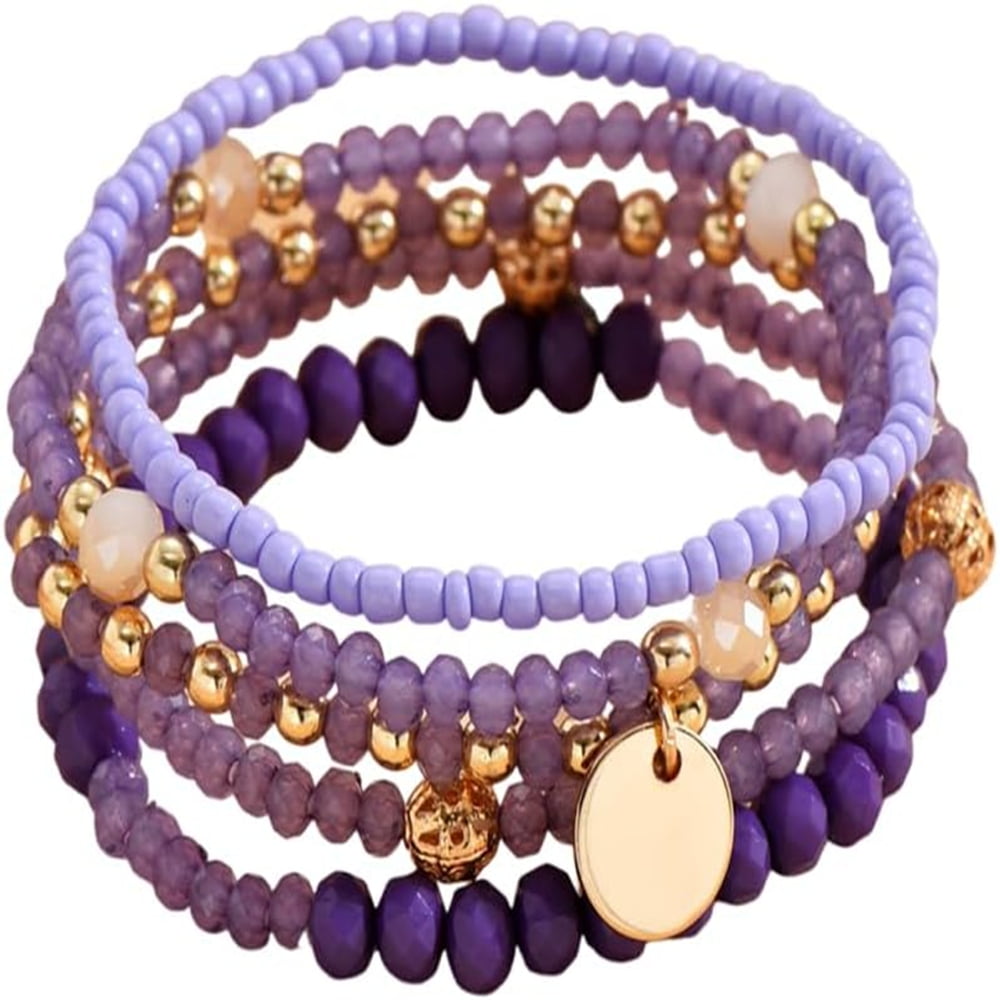 Boho Stackable Beaded Bracelet Set 5 Colorful Elastic Multilayer ...