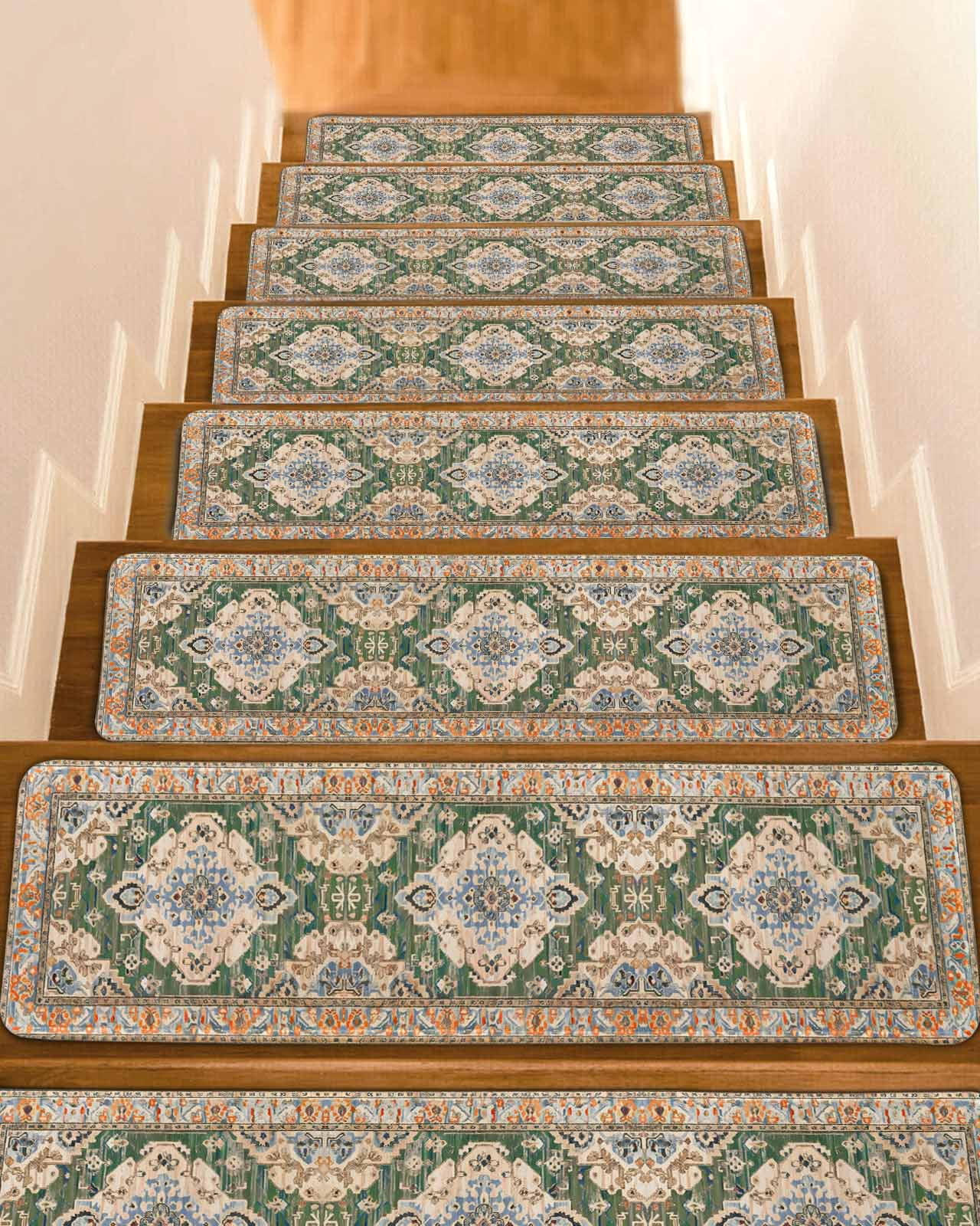Boho Stair Treads for Wooden Steps Indoor Runner Rug Carpet, Green ...