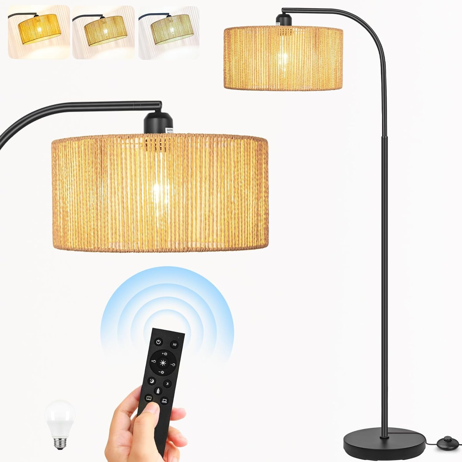 Boho Standing Lamp with Dimmable Bulb Natural Rattan Adjustable ...