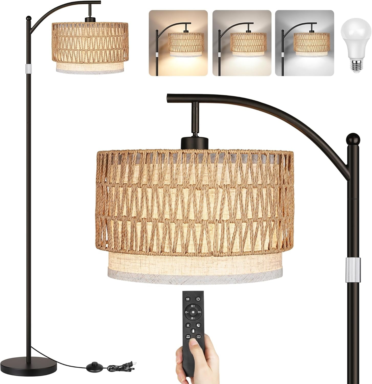 Boho Standing Lamps with Rattan& Linen Double Shades, Arc Lamps Floor ...