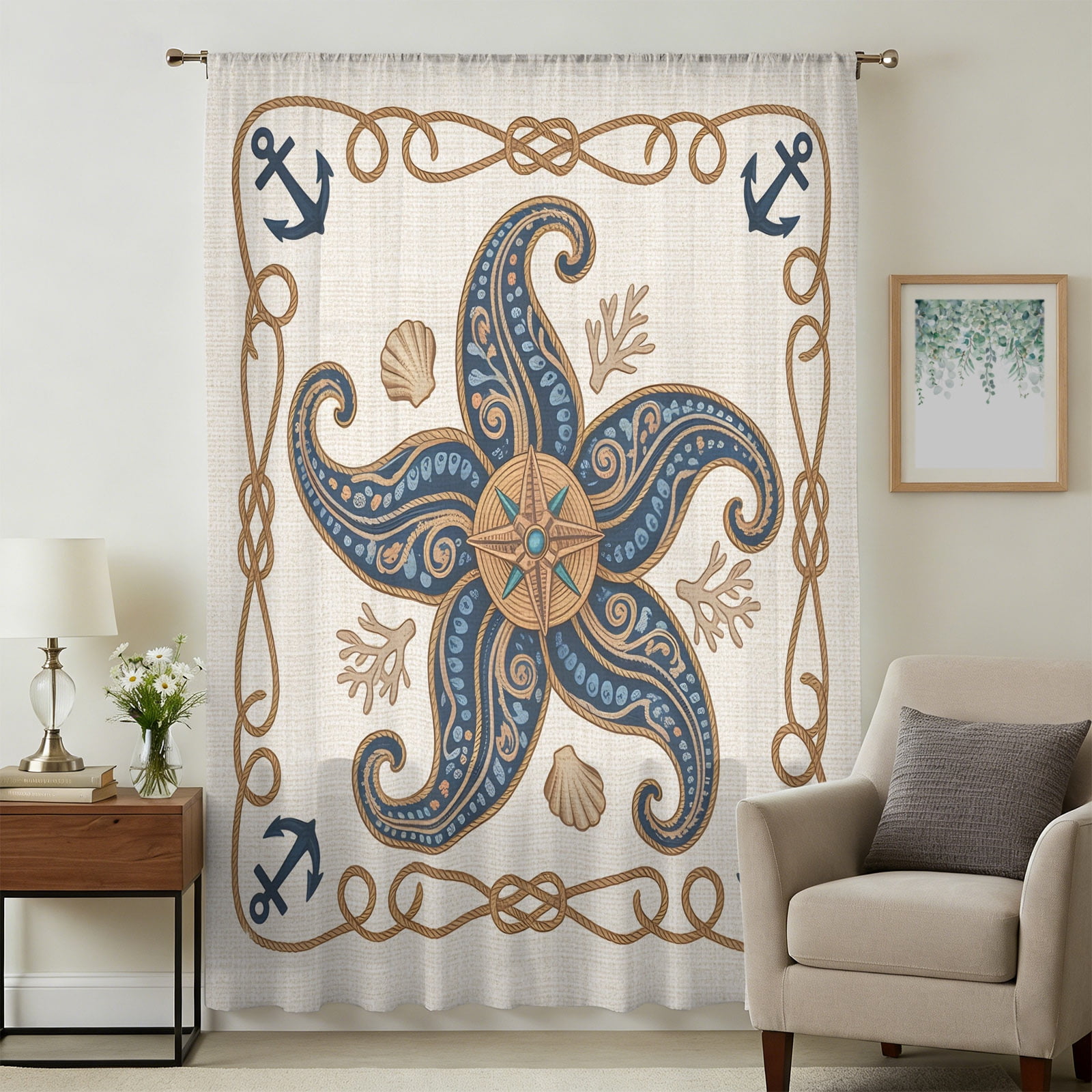 Boho Starfish Sheer Curtains 63 Inch Length for Bedroom, Coral Anchor ...