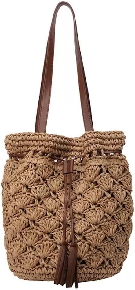 Boho Straw Bucket Bag Drawstring Beach Bag Woven Shoulder Bags for ...