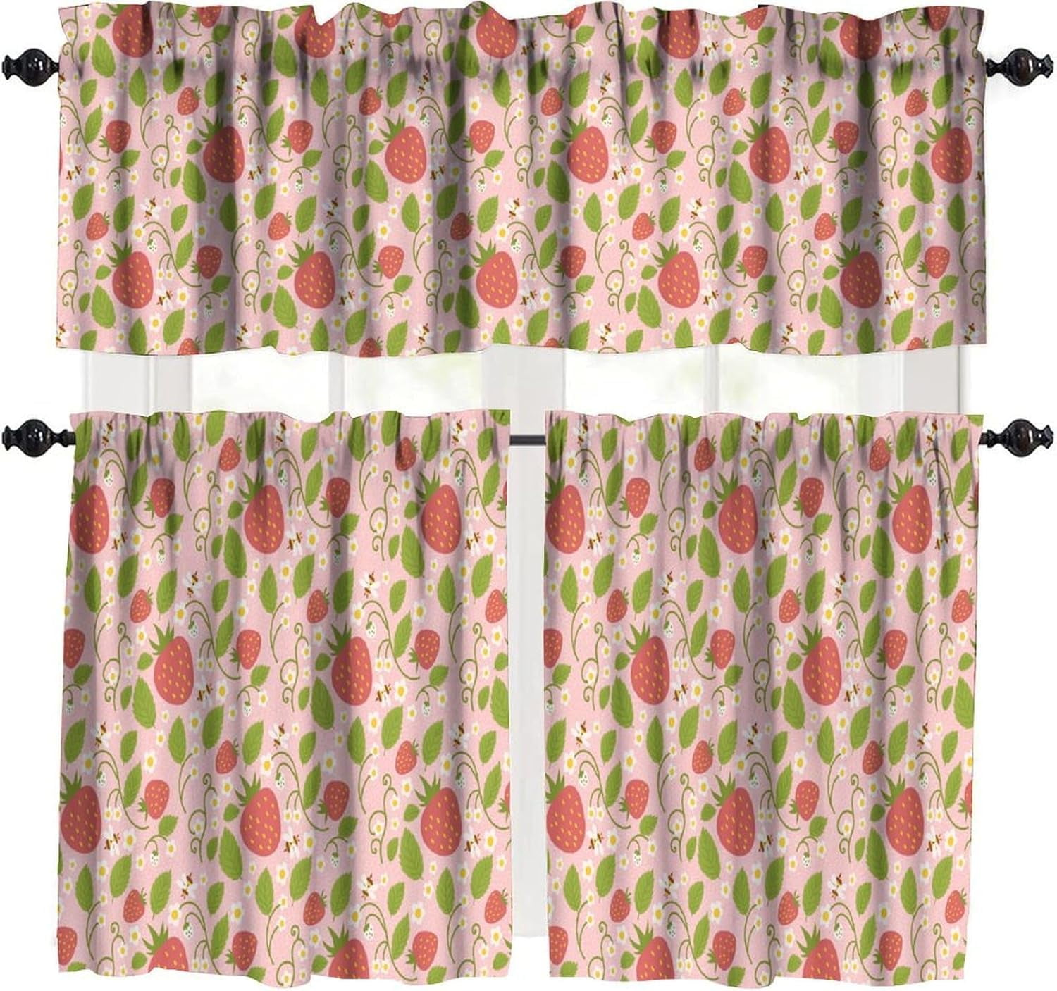 Boho Strawberries Window Valance Fruit Floral Honeybee Pink Curtain ...