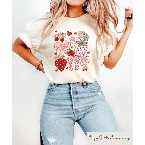 Boho Strawberry Coquette Bow Summer T-Shirt - Walmart.com