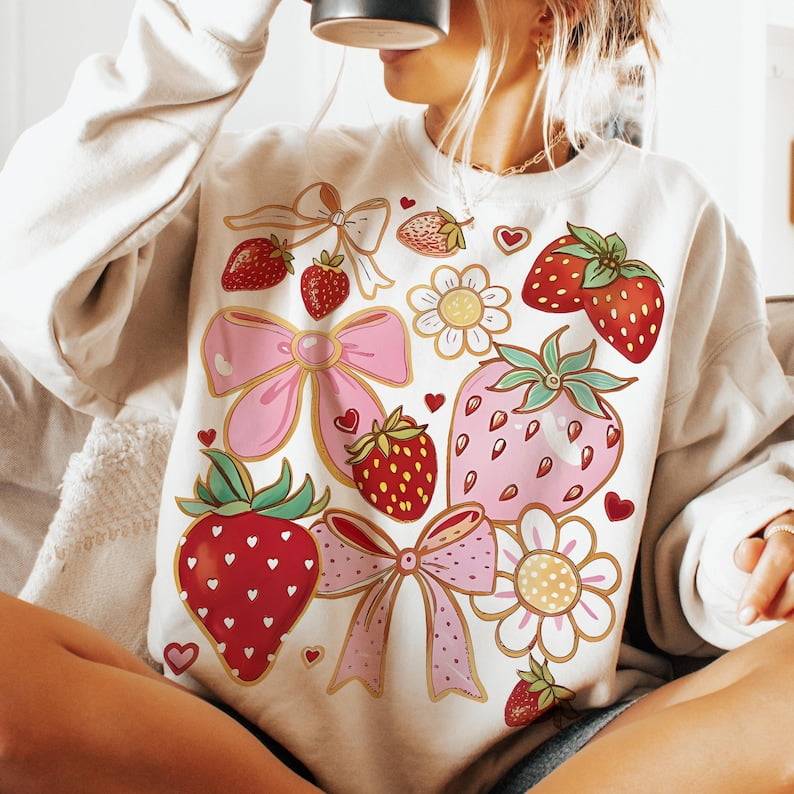 Boho Strawberry Coquette Sweatshirt, Preppy Floral Summer Shirt, Cute ...